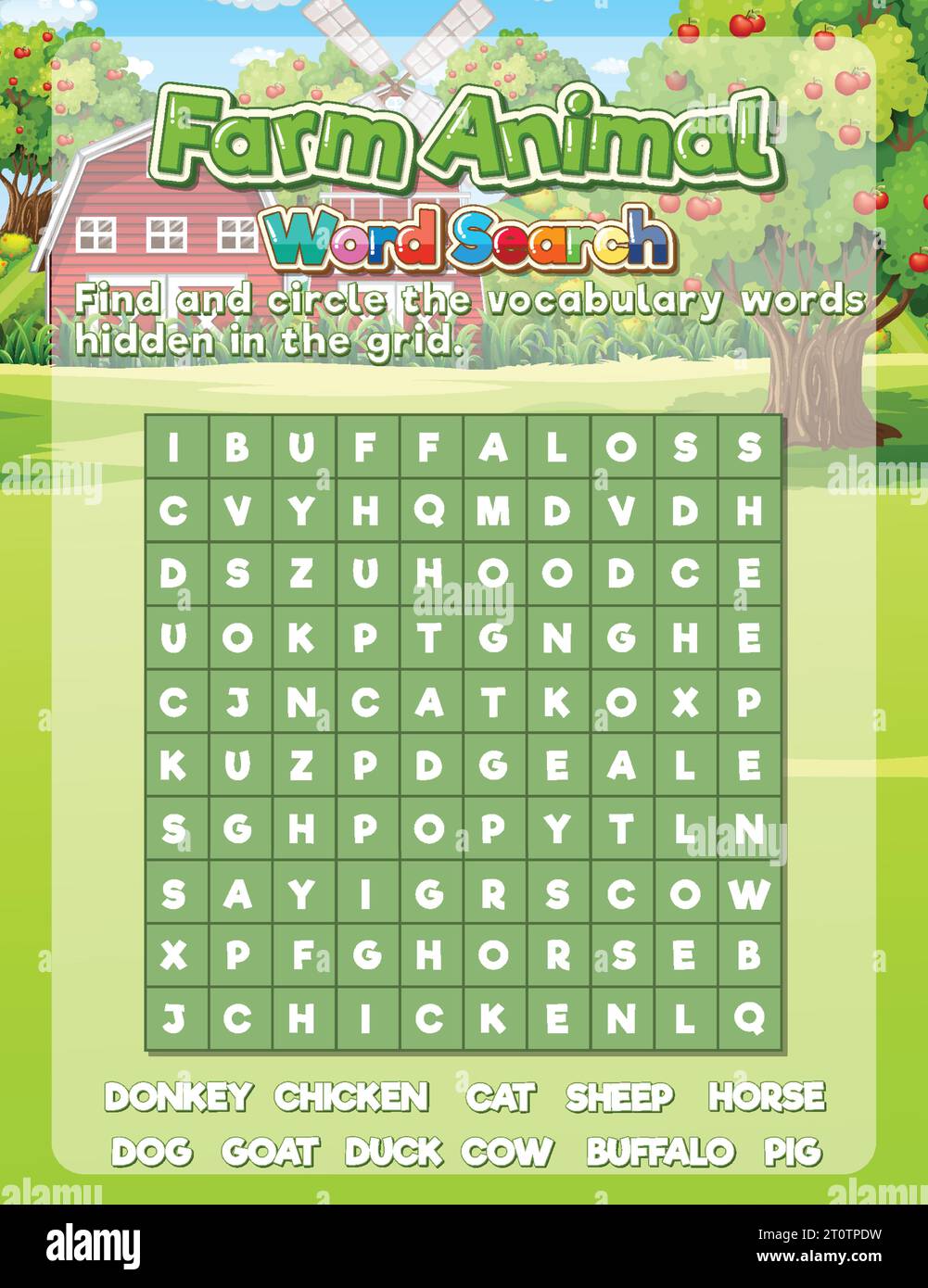 A fun and educational word search game with a farm animals theme Stock ...