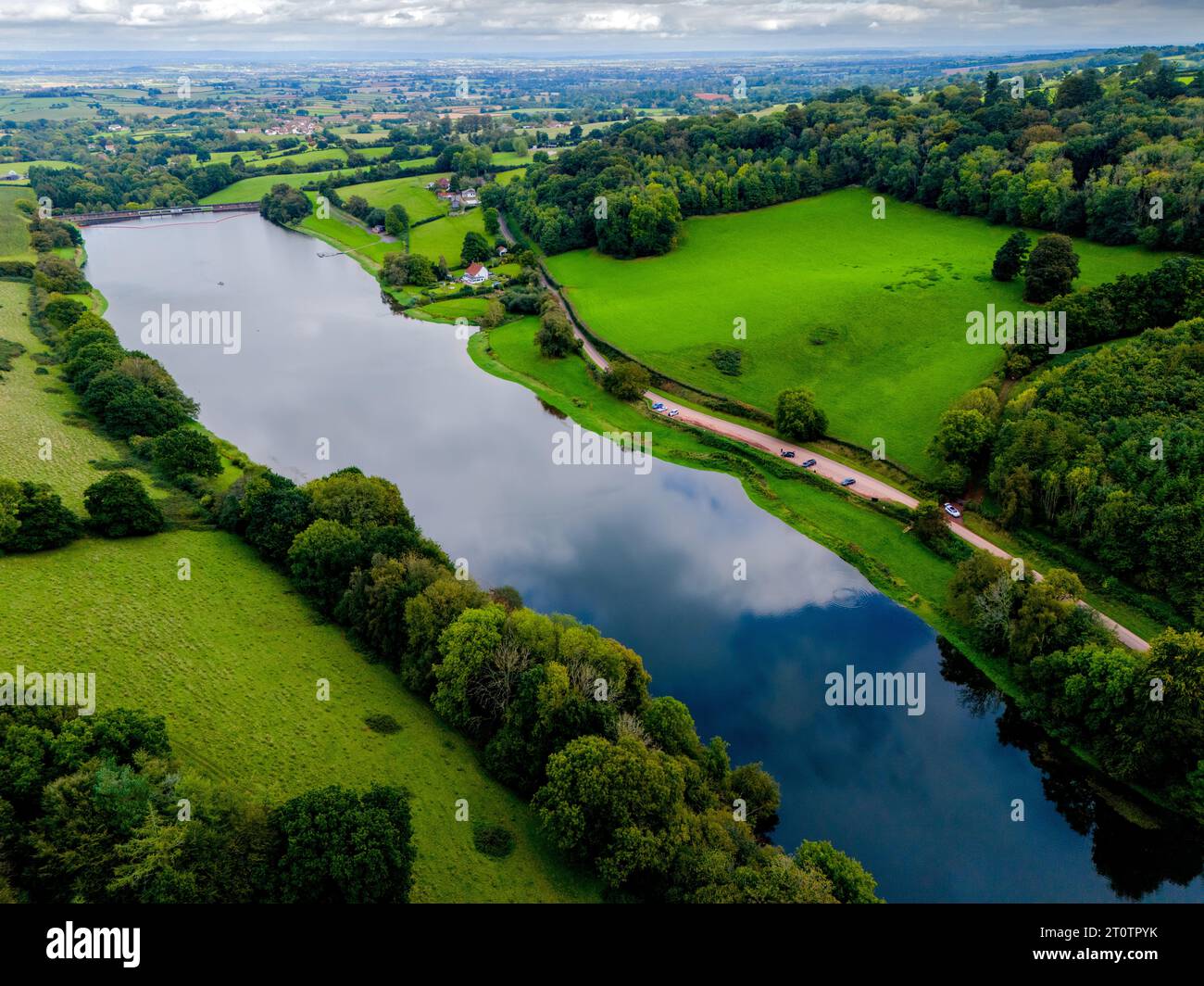 An aerial view of Hawkridge Reservoir near Spaxton in Somerset England ...