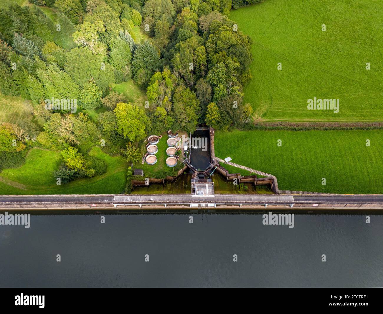 An aerial view of Hawkridge Reservoir near Spaxton in Somerset England ...