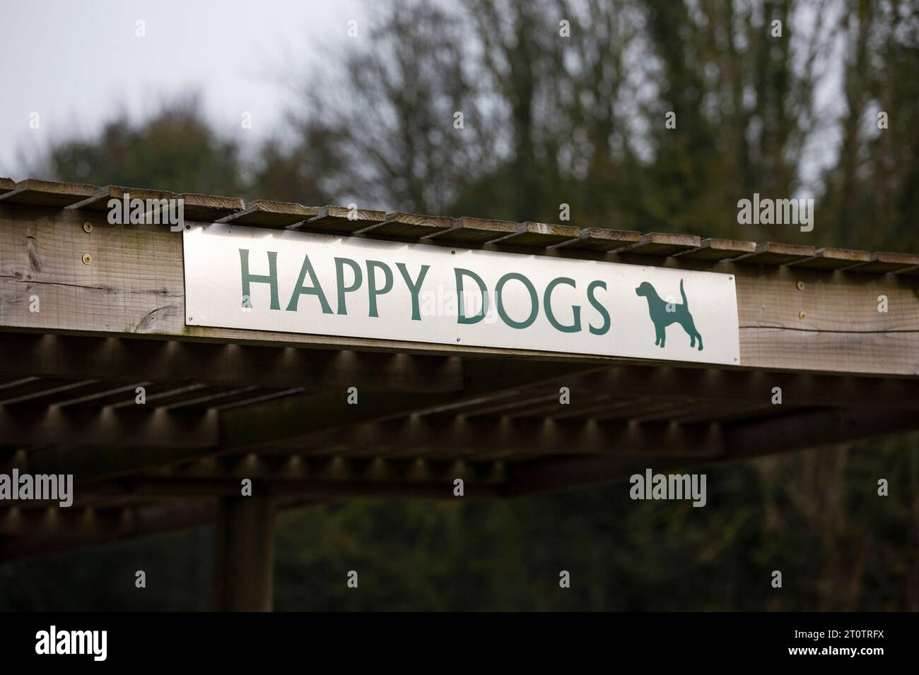 Happy Dogs dog walk sign at Darts Farm Topsham Devon Stock Photo - Alamy