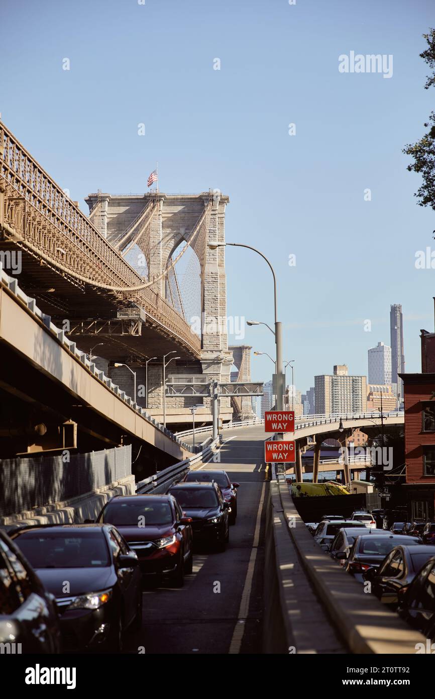 heavy traffic on famous Brooklyn bridge in rush hour in new york city ...