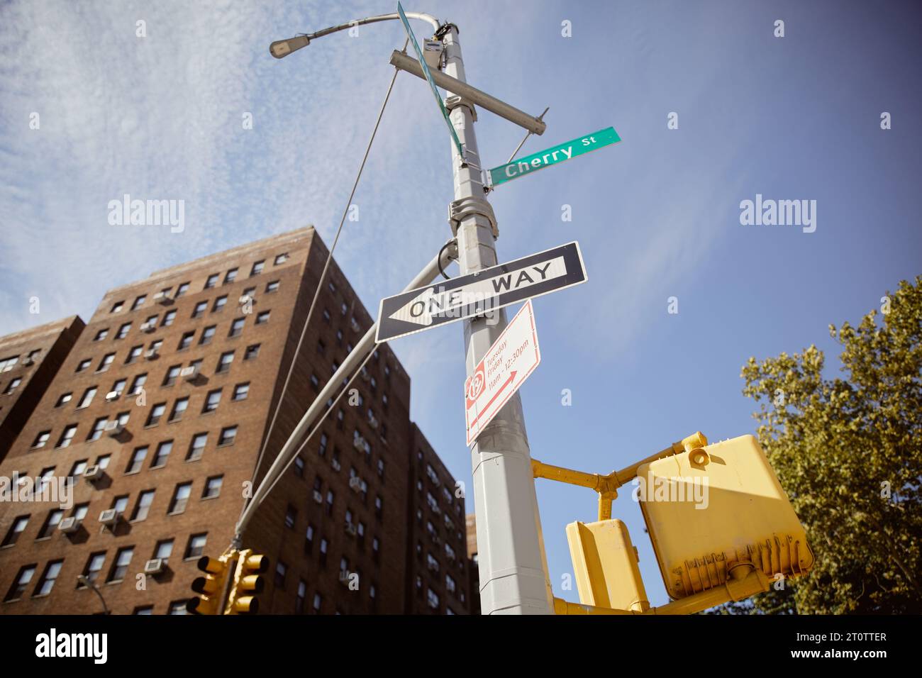 low angle view of street pole with road signs showing direction near ...