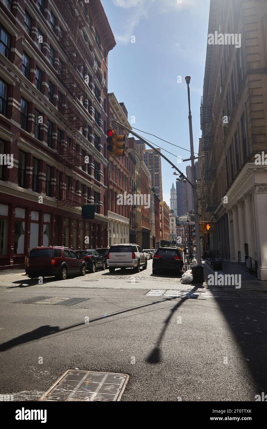 heavy traffic in rush hour on roadway of downtown district in new york ...