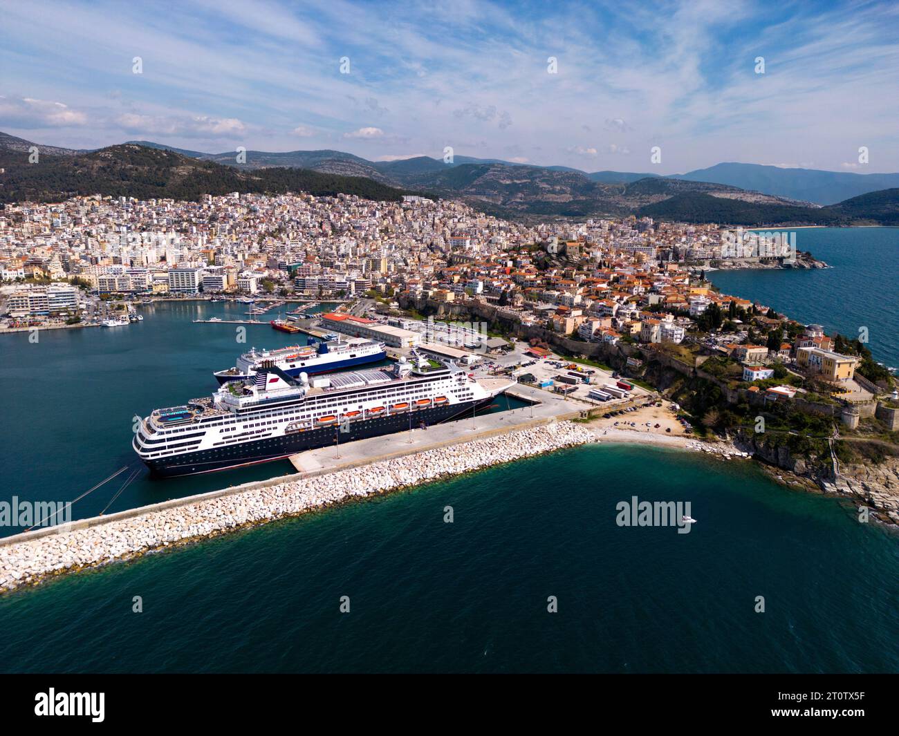 Aerial view cruise ship in port of Kavala. Kavala is a picturesque city ...