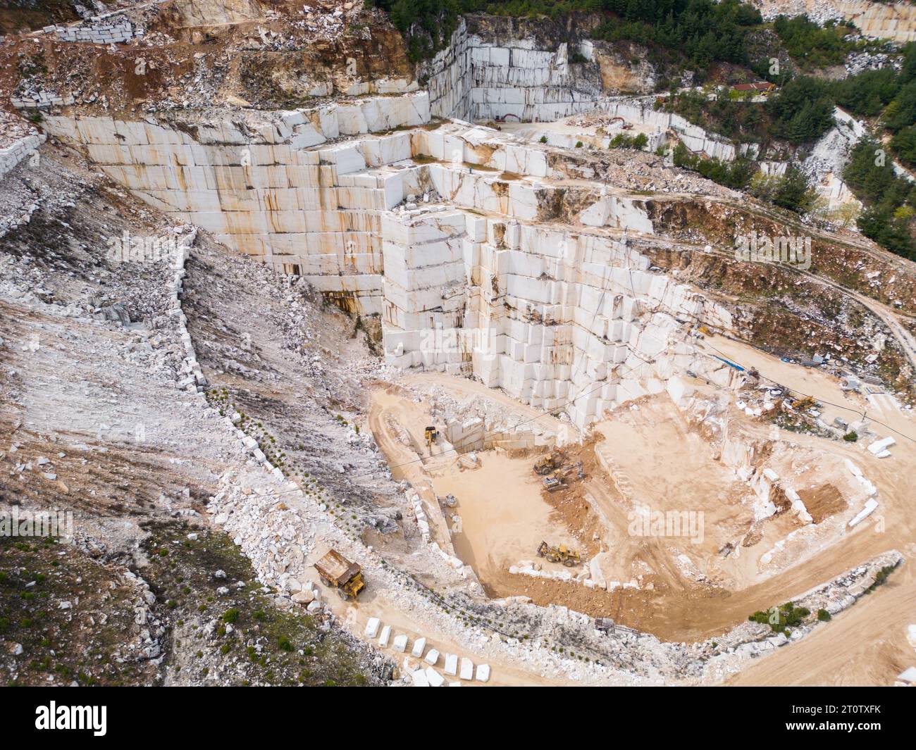 An aerial top view of the Thassos Island quarry showcases the ...