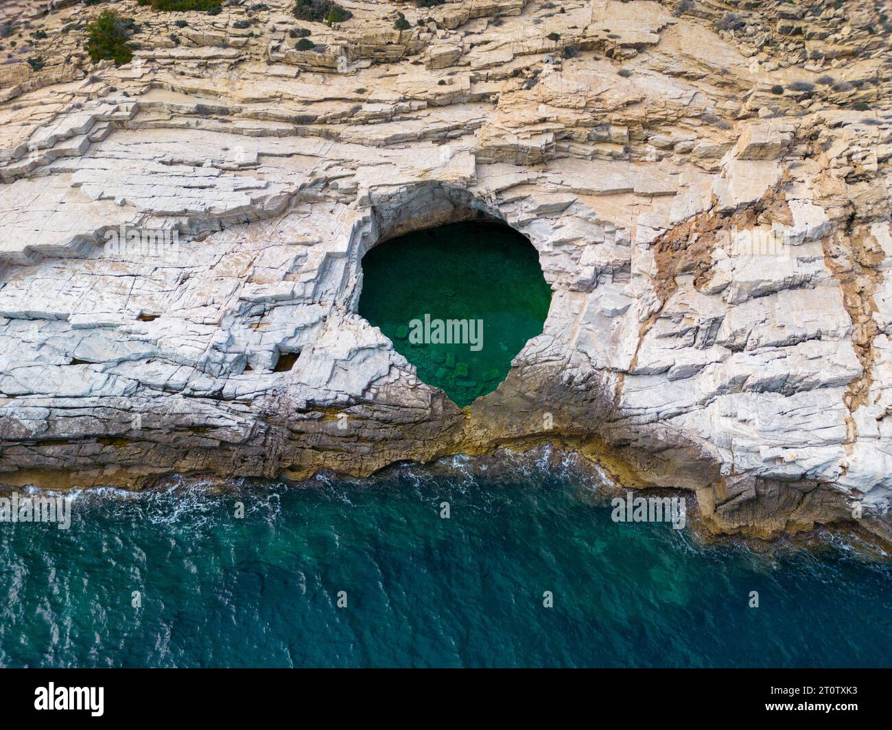 top down aerial view of Giola on the Greek island of Thassos is a ...