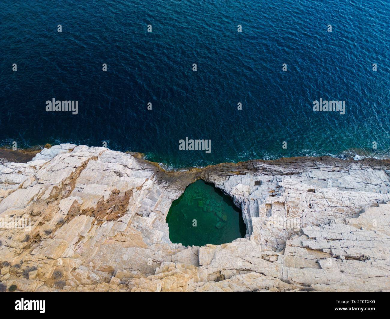 top down aerial view of Giola on the Greek island of Thassos is a ...