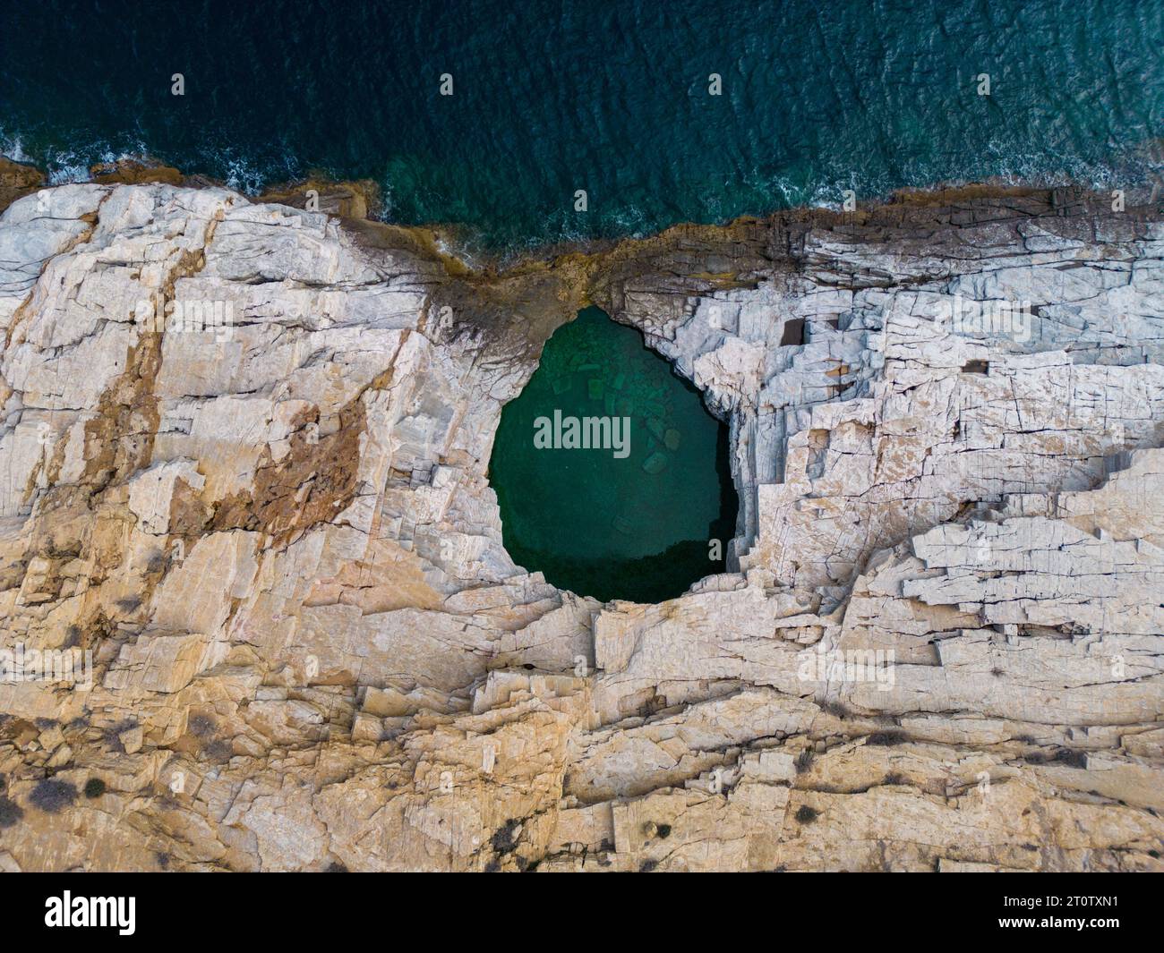 top down aerial view of Giola on the Greek island of Thassos is a ...