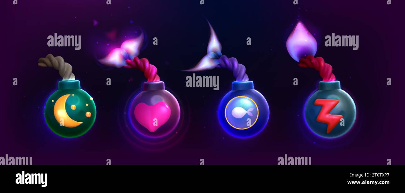 Cartoon round bomb game icons. Explosive weapon, 3d balls with rope ...