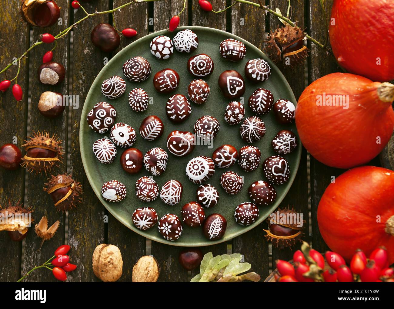 Top view of hand painted chestnuts with different funny motifs in a ...
