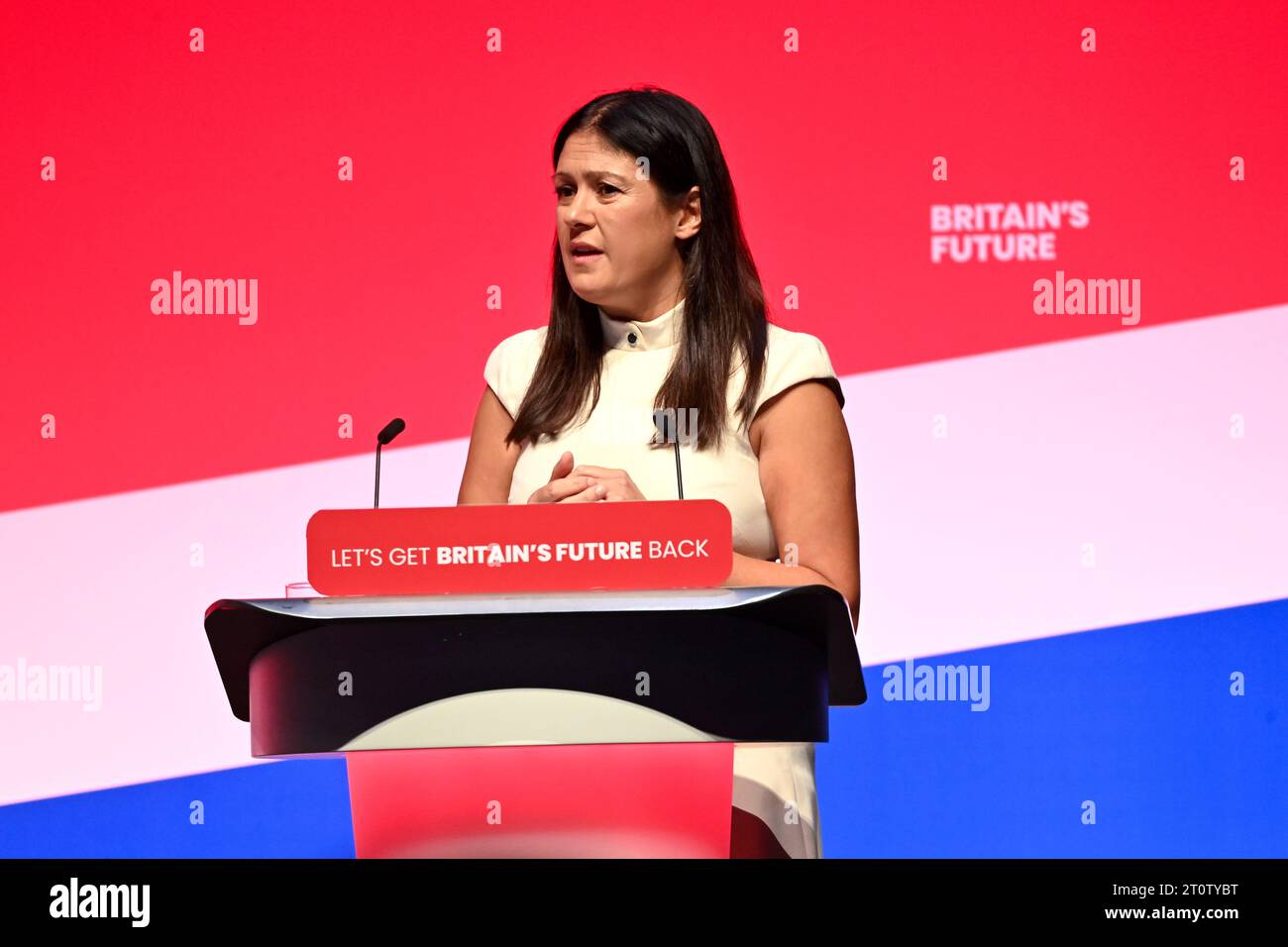 London, UK. 9 October 2023. Lisa Nandy MP gives a speech during the ...