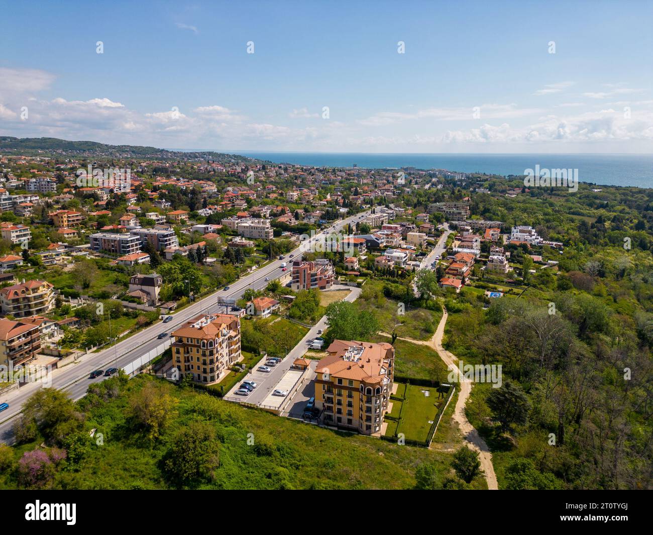 aerial top view of s a modern residential neighborhood in Euxinograd ...