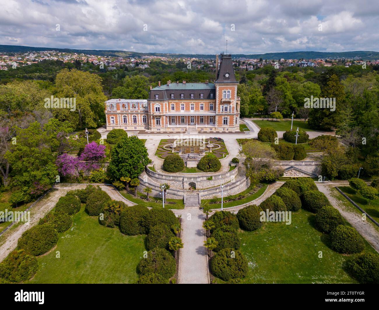 Aerial top view of the historic Euxinograd palace in Varna, Bulgaria ...