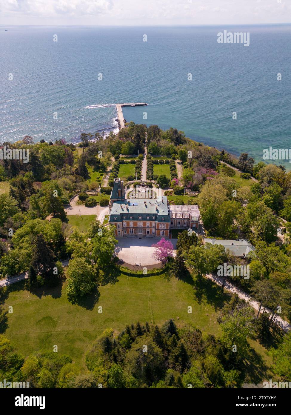 Aerial top view of the historic Euxinograd palace in Varna, Bulgaria ...