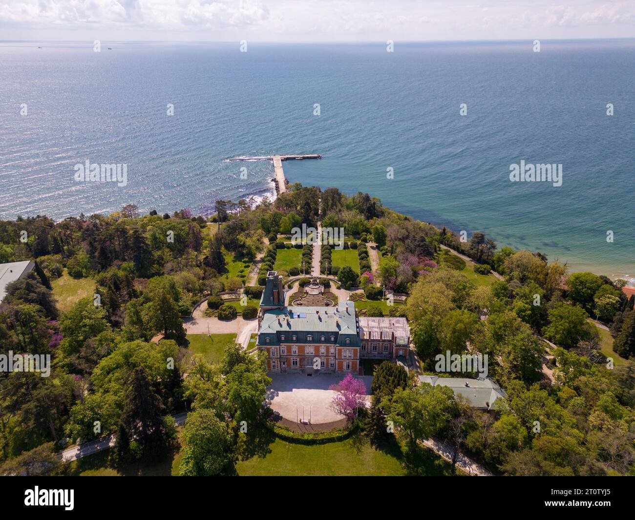 Aerial top view of the historic Euxinograd palace in Varna, Bulgaria ...