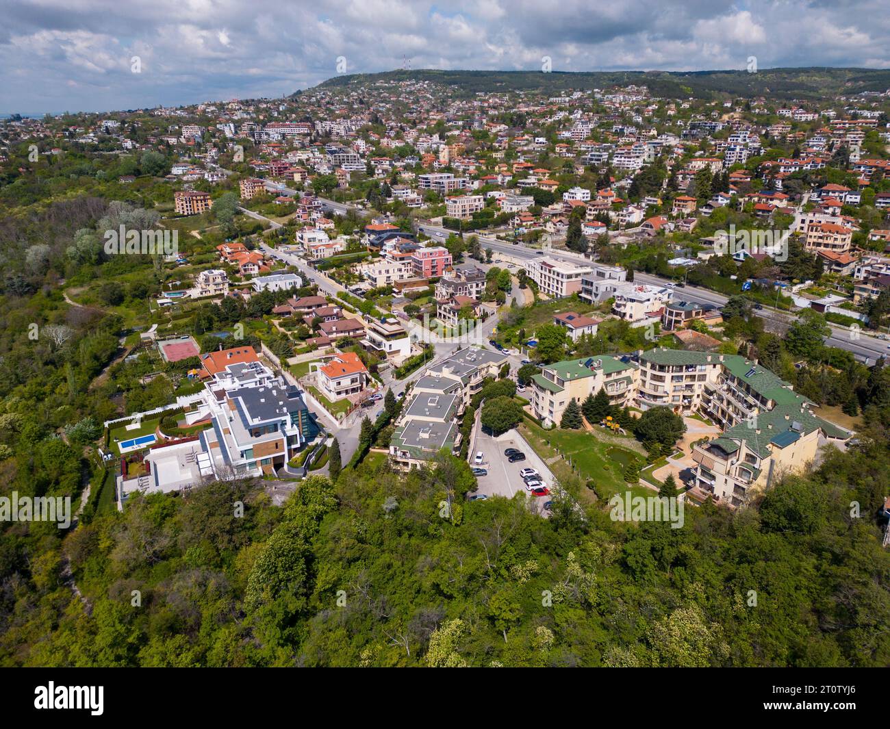 aerial top view of s a modern residential neighborhood in Euxinograd ...