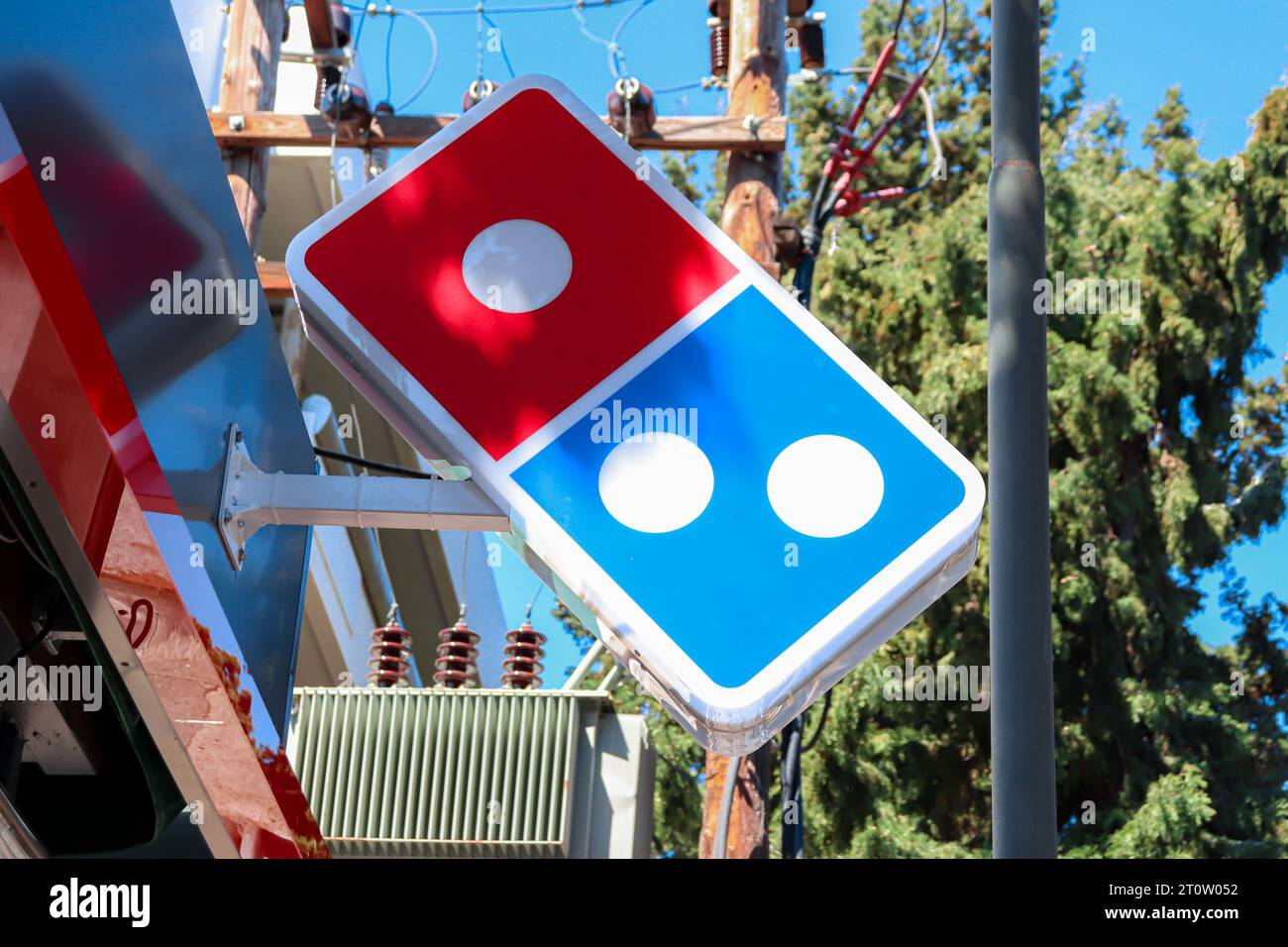Domino's Pizza logo sign at the entrance of the Rhodes city restaurant ...