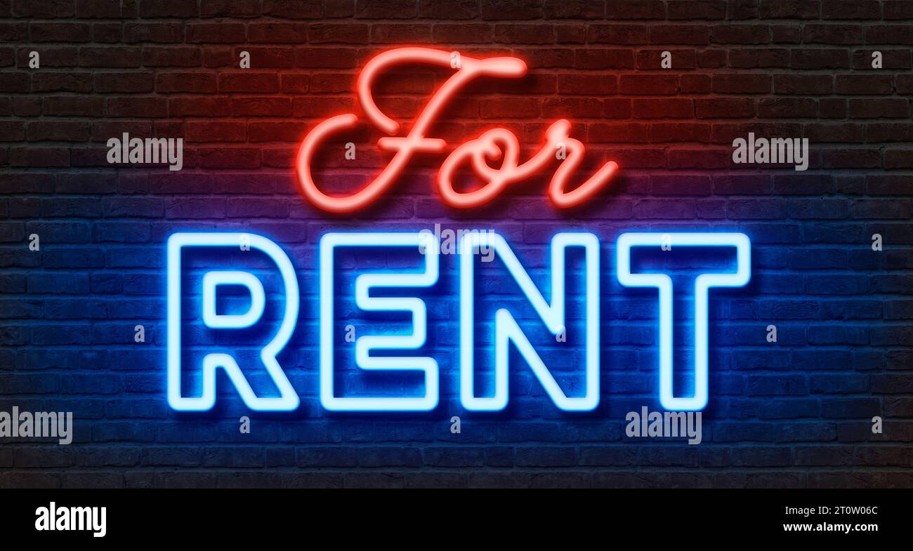 Neon sign on a brick wall - For rent Stock Photo - Alamy