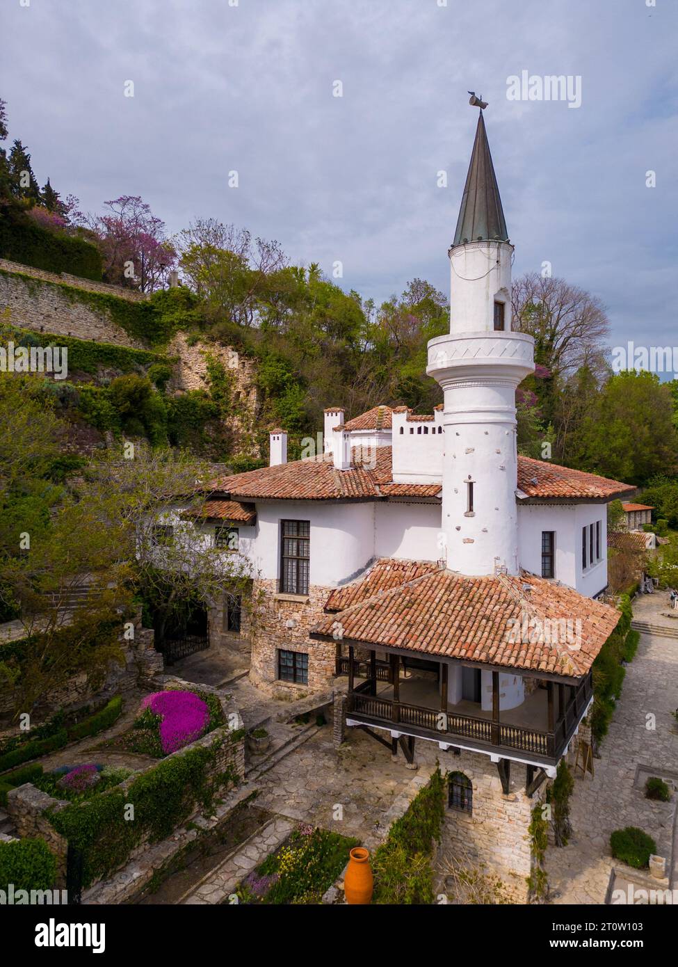aerial top view of the palace nestled in the botanical garden in ...