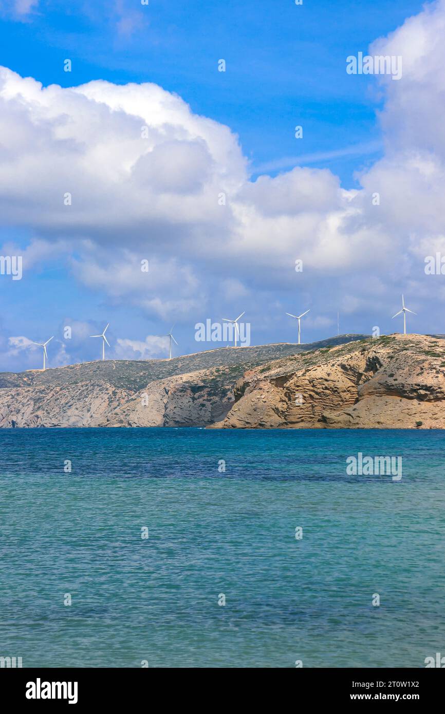Windmills (Wind turbine) on a hill off Prasonisi Beach, Greece, a ...