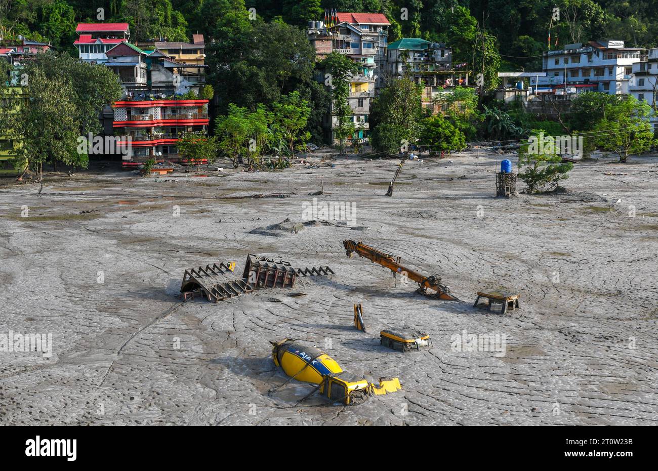 Rangpo, India. 09th Oct, 2023. Construction vehicles are seen covered ...