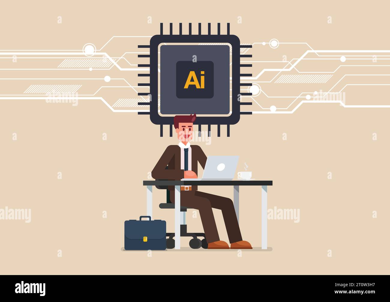 Businessman is working on a laptop computer at office desk with AI chip ... Businessman is working on a laptop computer at office desk with AI chip ...