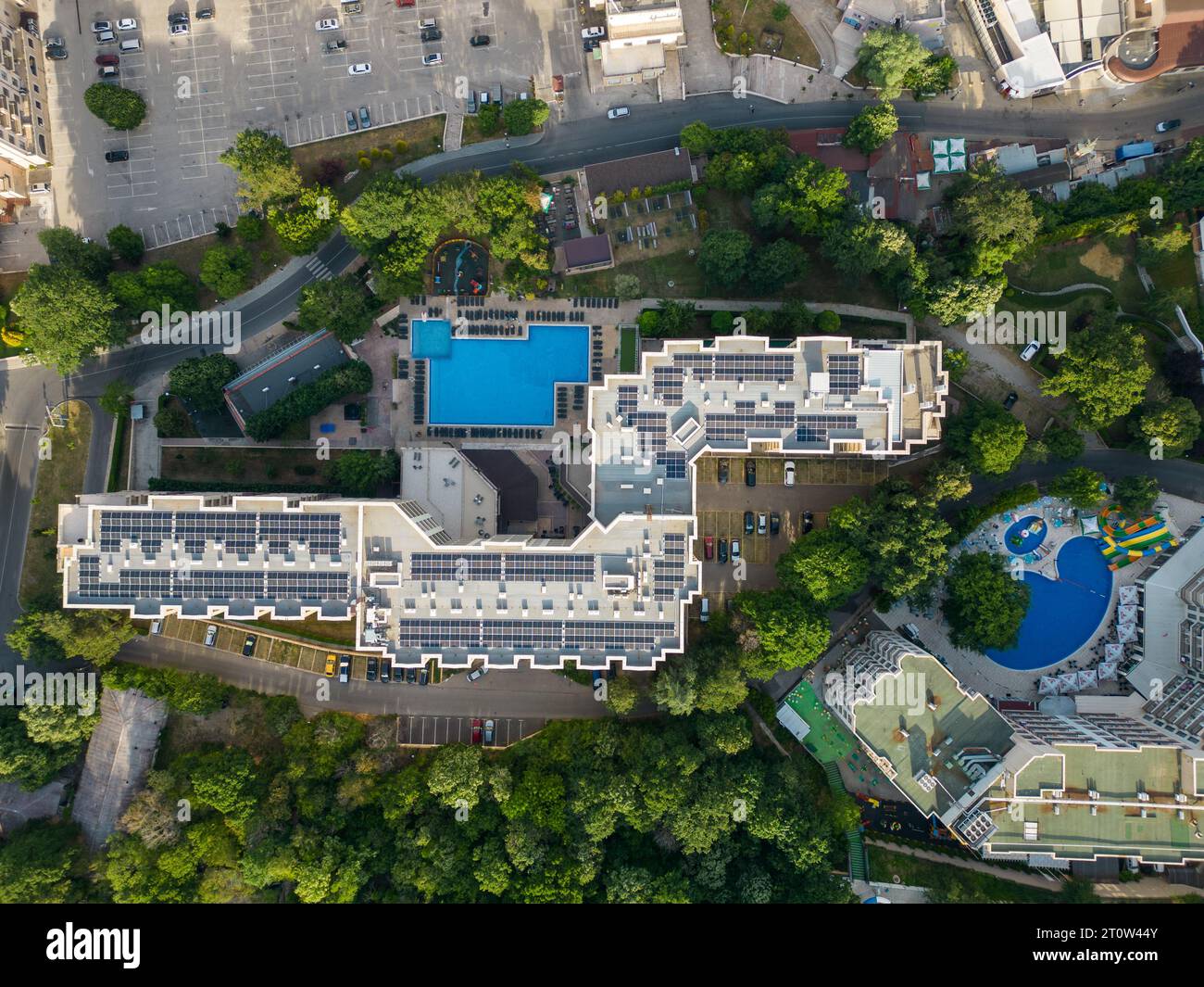 Aerial top view of beautiful luxury outdoor swimming pool in hotel ...