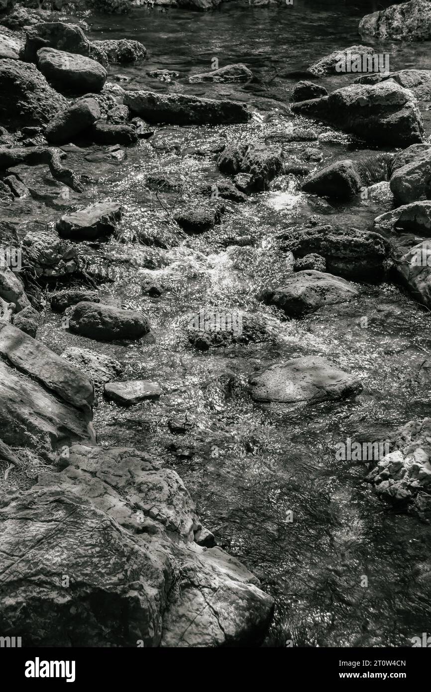 Lake stream between rocks at the Seven Springs (Epta Piges) tourist ...
