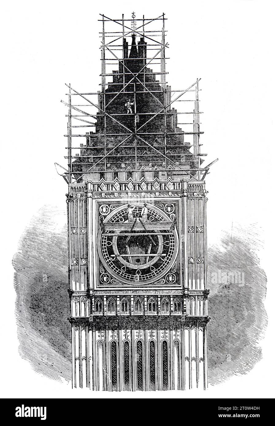 Big Ben, the Elizabeth Tower at the Houses of Parliament, London, under construction, shown in ...