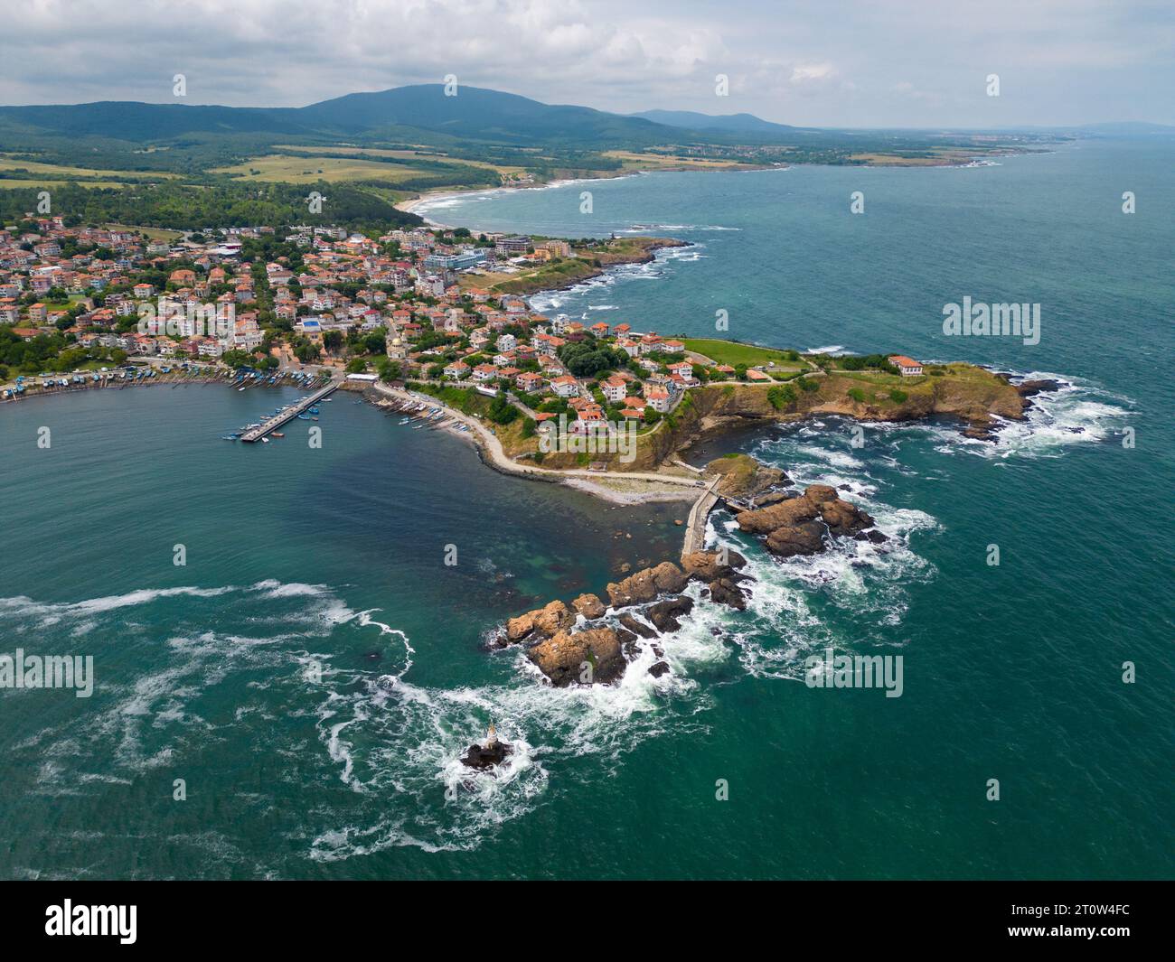 Aerial view of the small coastal town of Ahtopol on the Black Sea coast ...