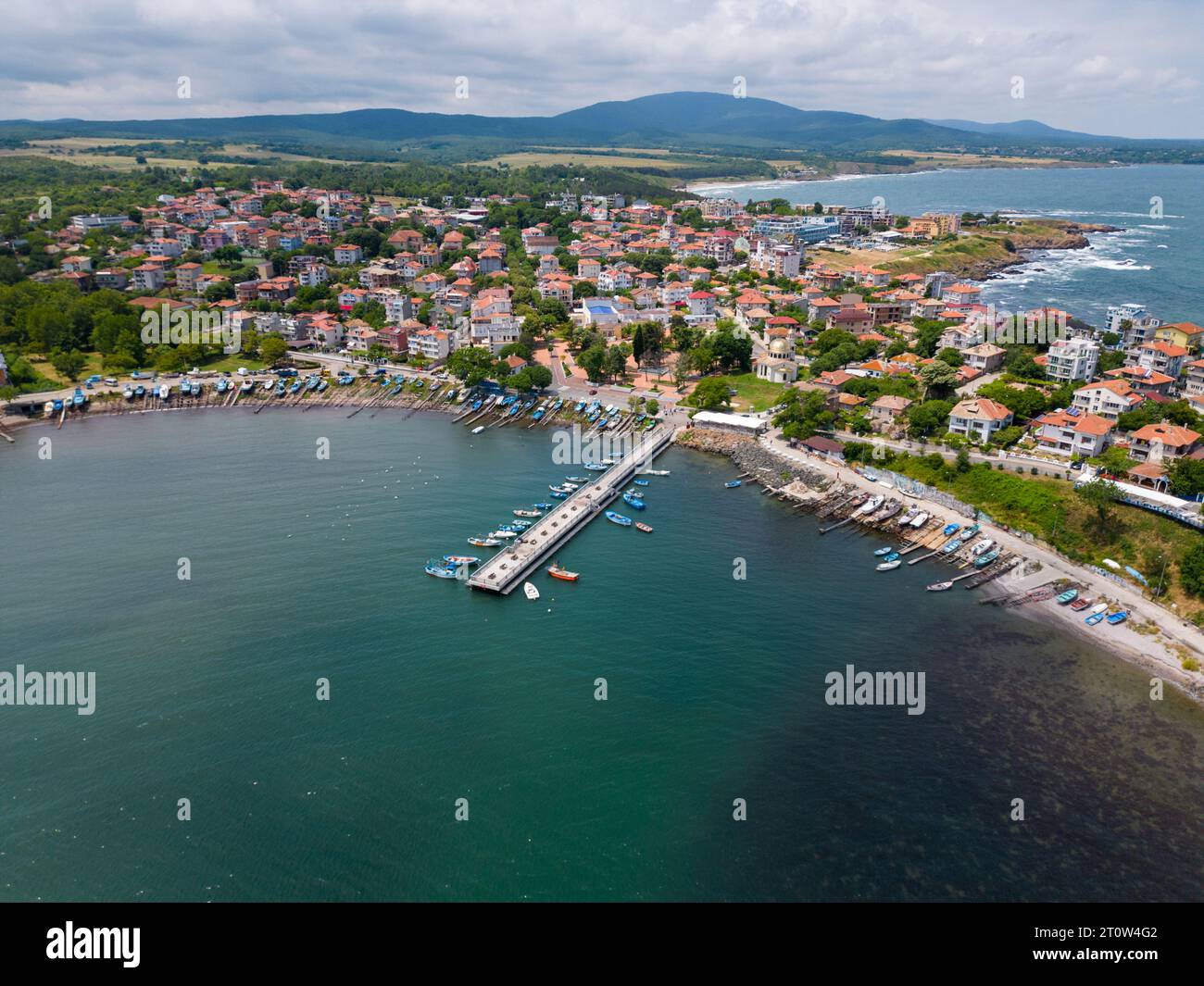 Aerial view of the small coastal town of Ahtopol on the Black Sea coast ...