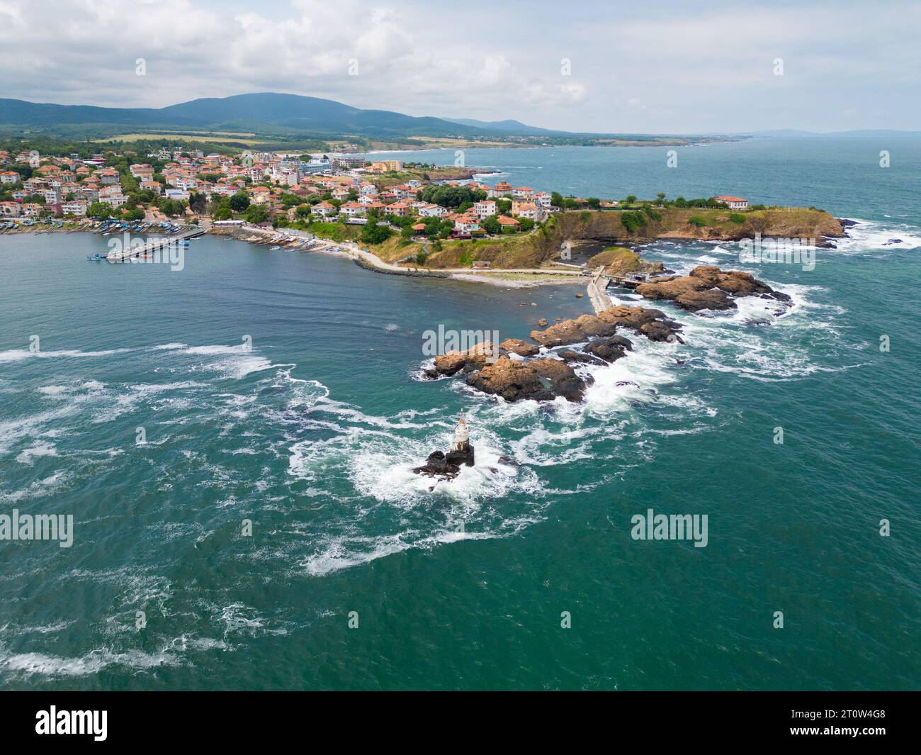 Aerial view of the small coastal town of Ahtopol on the Black Sea coast ...