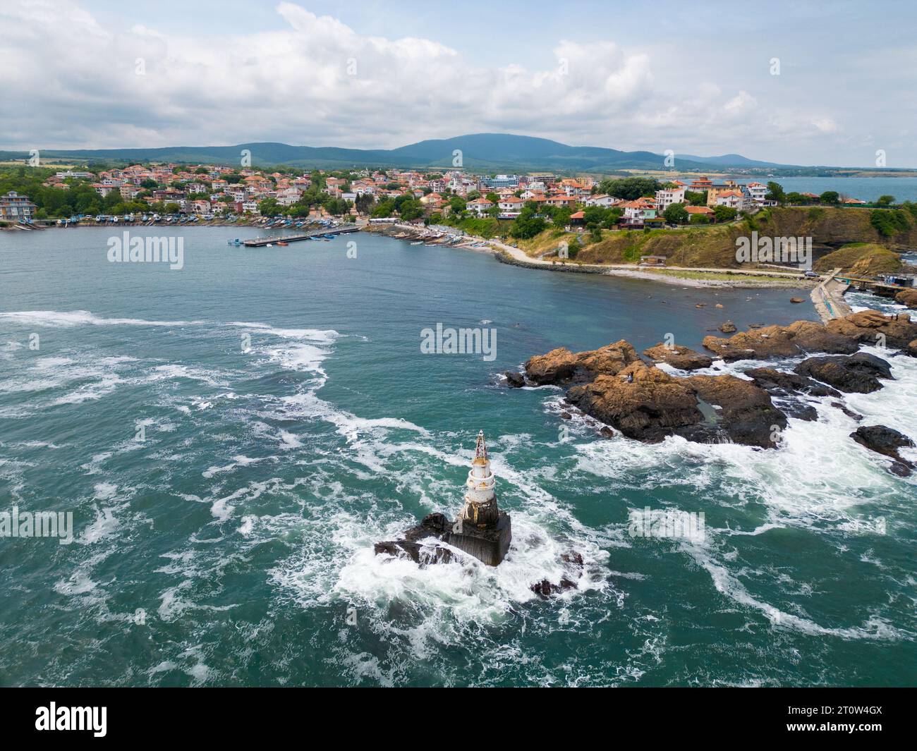 Aerial view of the small coastal town of Ahtopol on the Black Sea coast ...