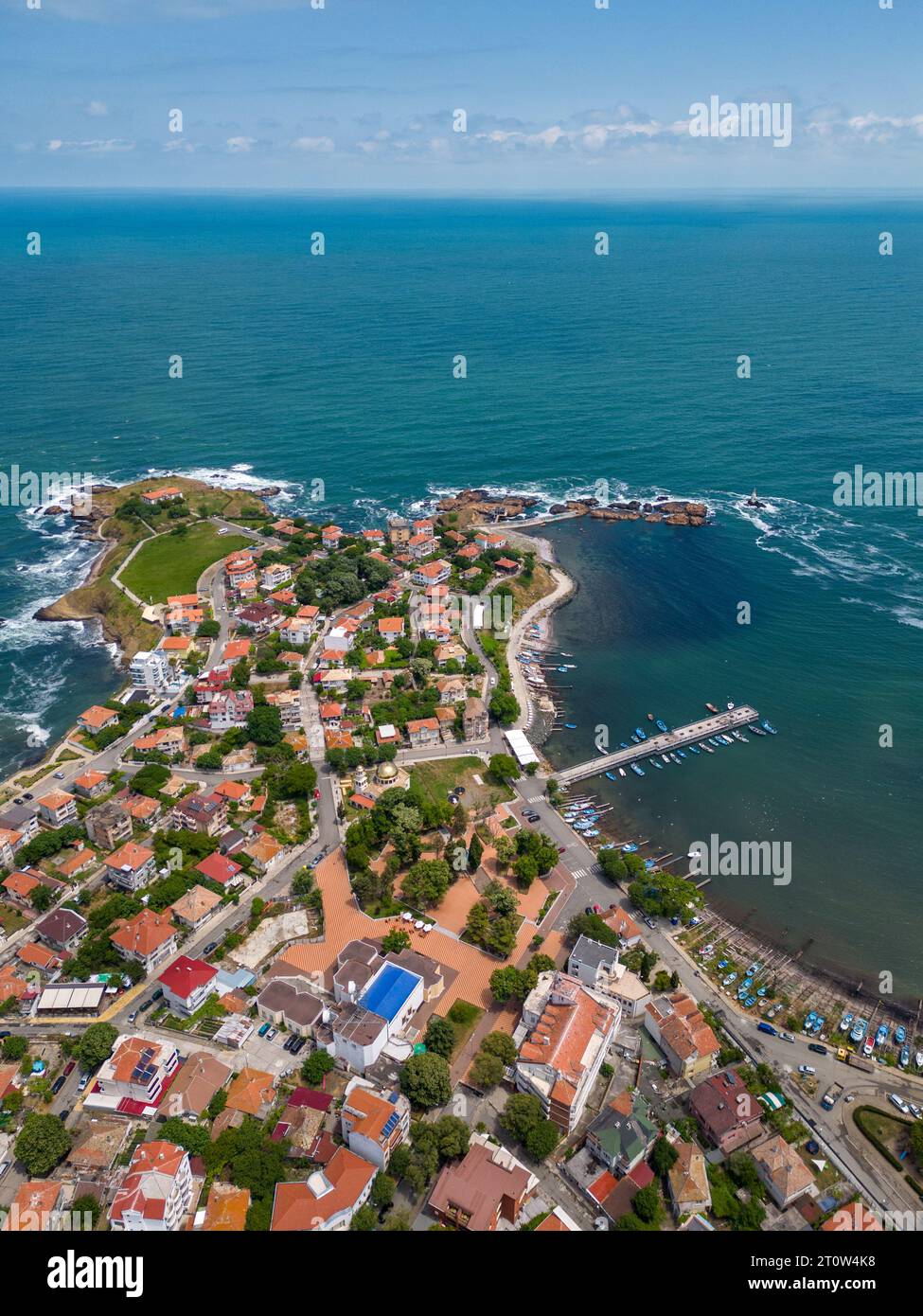 Aerial view of the small coastal town of Ahtopol on the Black Sea coast ...
