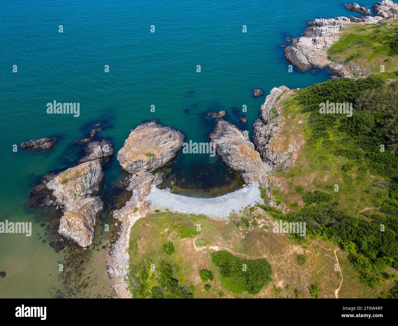 An aerial view of the rocky coastline of the Black Sea in southern ...
