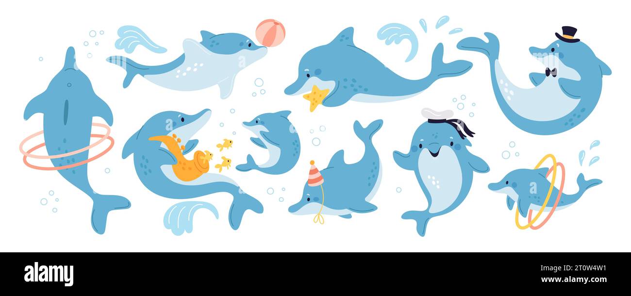 Cartoon dolphin characters with show elements. Dolphinarium inhabitants ...