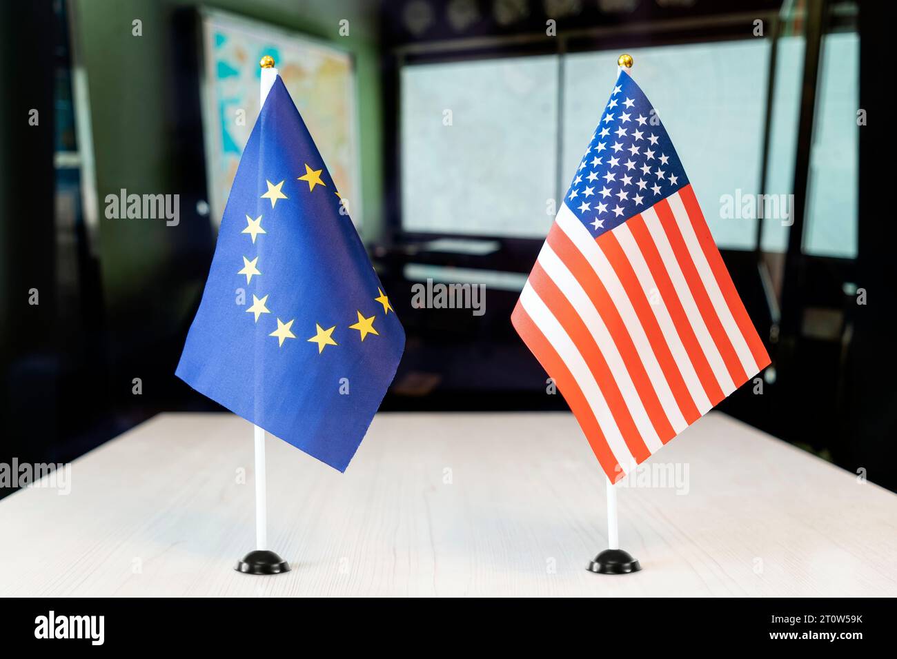 flags of United States and European Union. international negotiations ...
