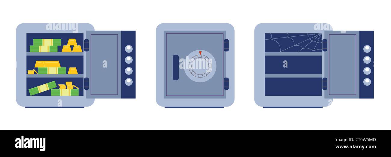 Open and closed metal bank safes. Empty strongbox. Metal box with money ...