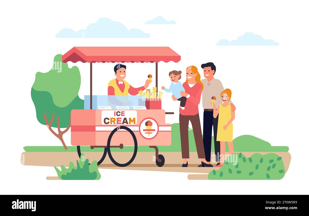 Young family with children buy ice cream at cart kiosk. Street food ...