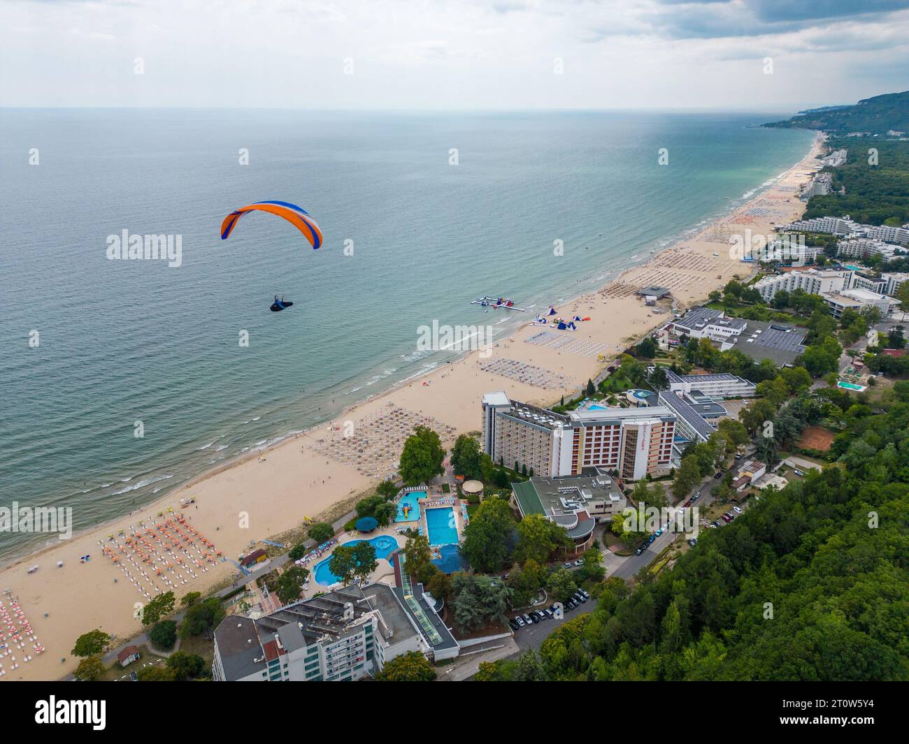 A paraglider soars over the sea and forest with a breathtaking view of ...