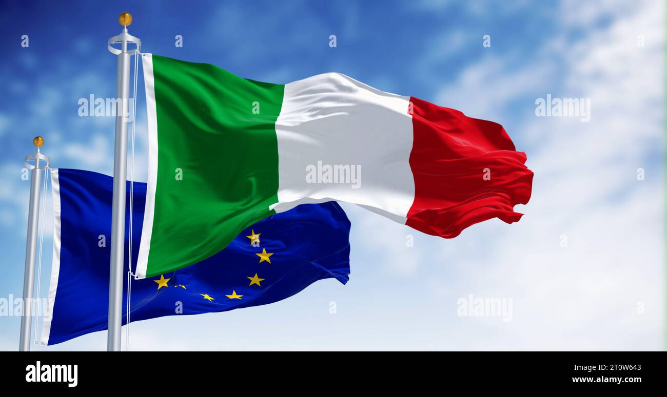 National flag of Italy waving in the wind with the European Union flag ...