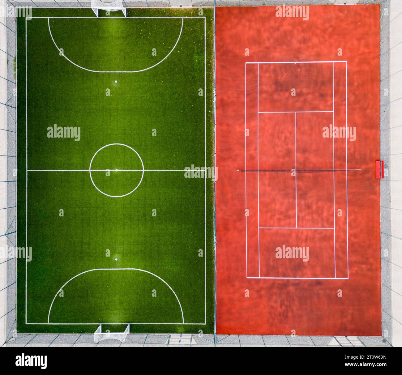Aerial view of a soccer field and a tennis court, spaces for activity ...