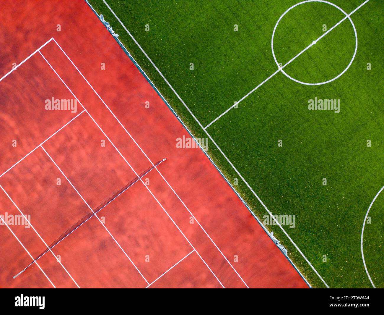 Aerial view of a soccer field and a tennis court, spaces for activity ...