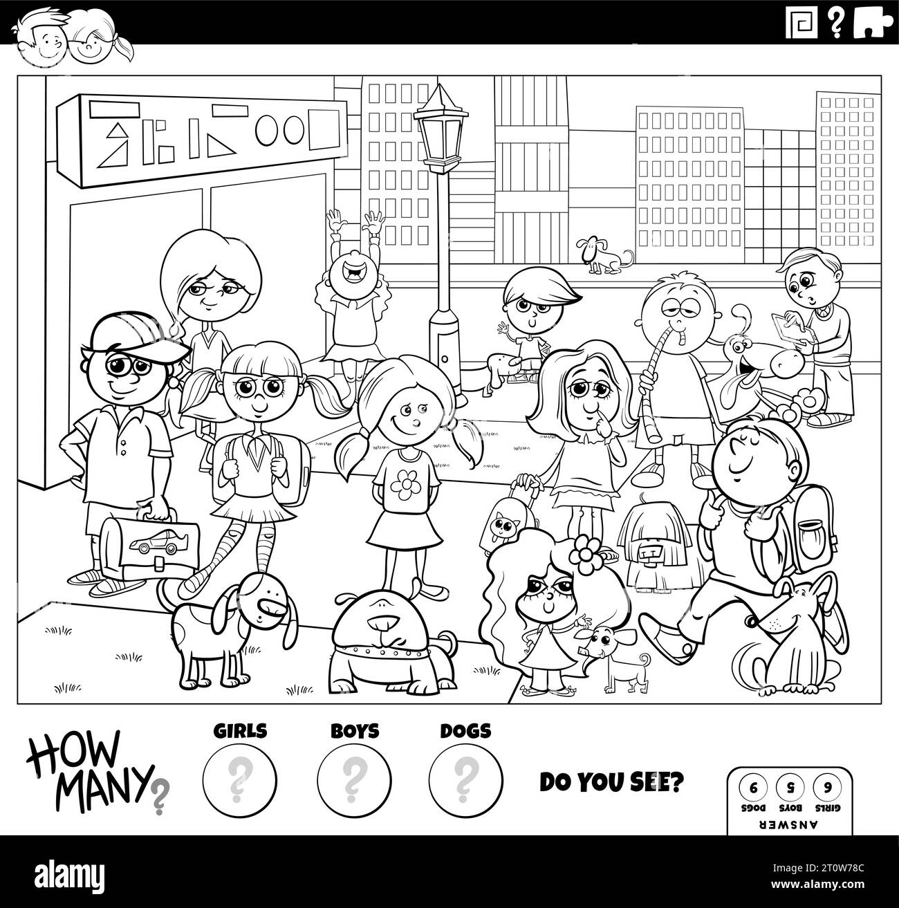 Black and white illustration of educational counting activity with ...