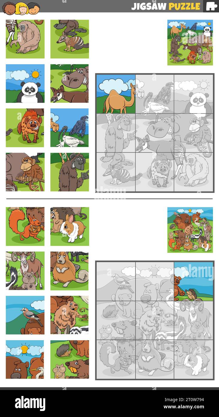 Cartoon illustration of educational jigsaw puzzle activities set with ...