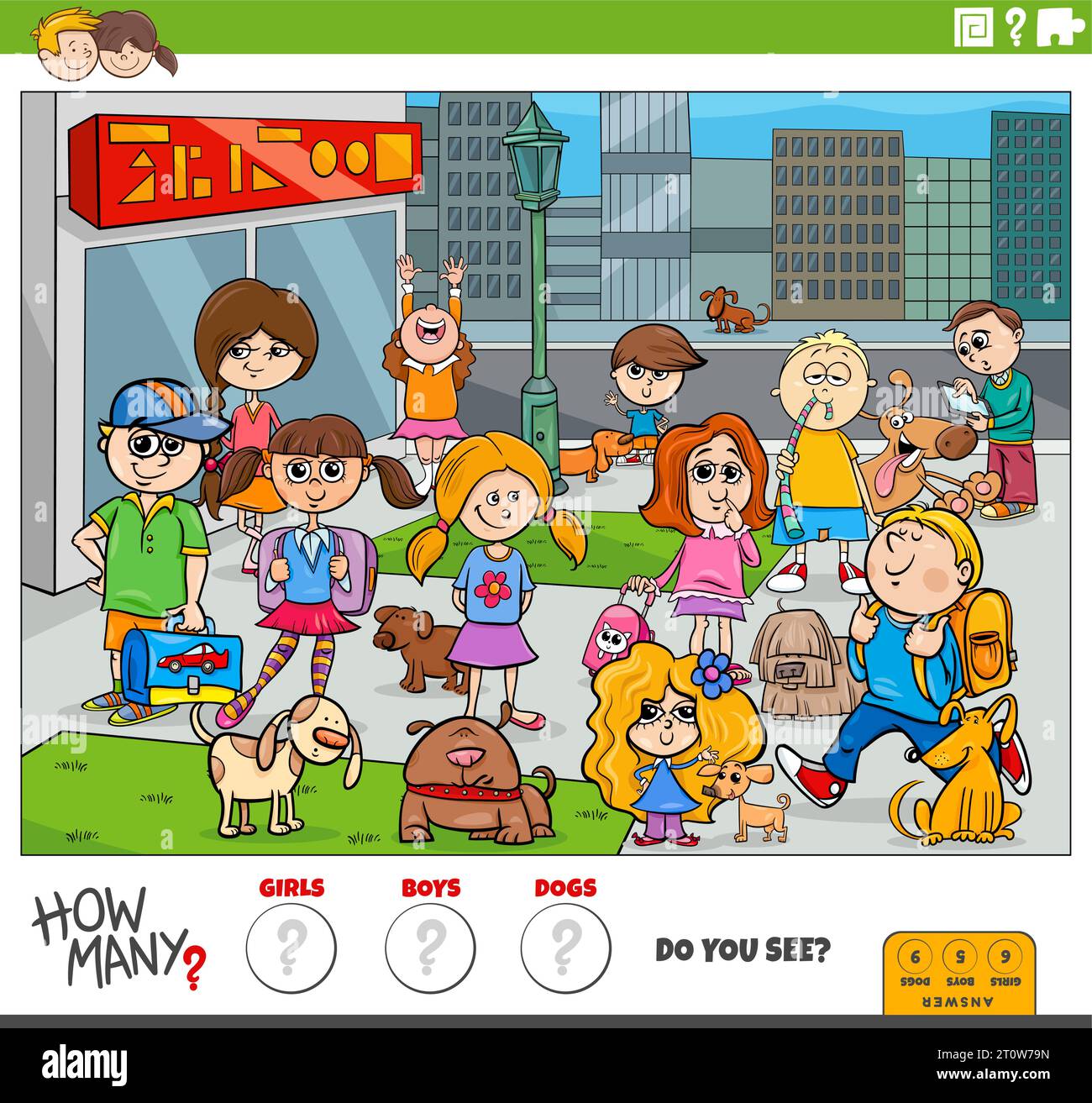 Illustration of educational counting activity with cartoon children and ...