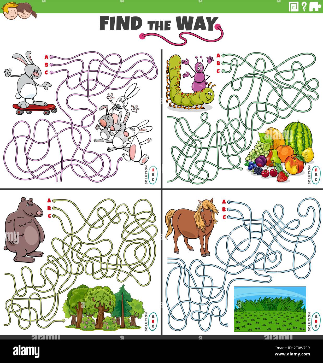Cartoon illustration of find the way maze puzzle activities set with ...