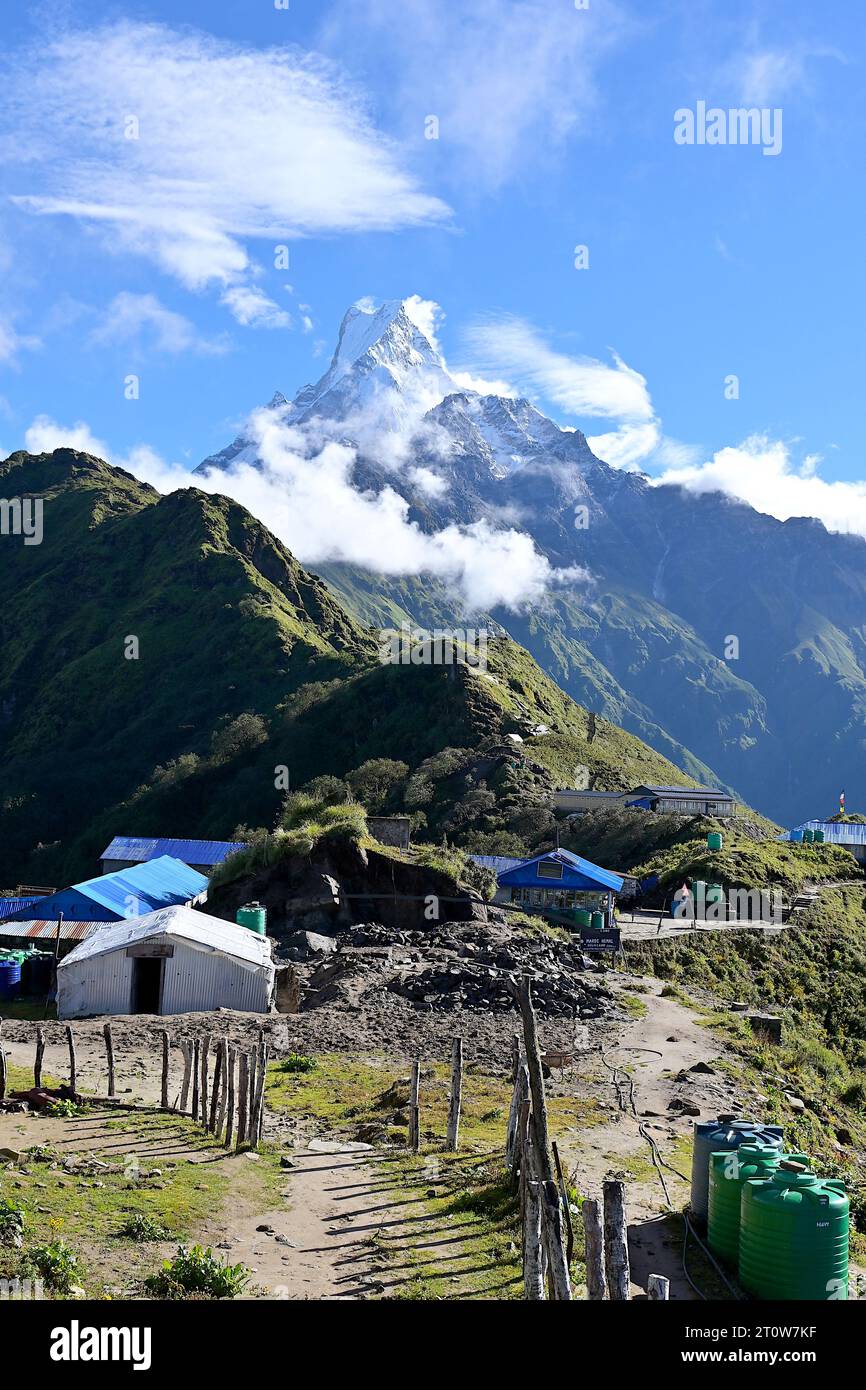 View of the Machapuchare peak, the 'Matterhorn of Nepal', in the ...