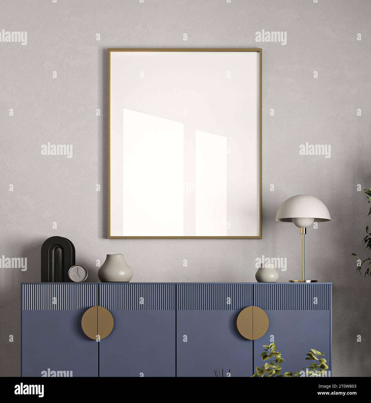 Modern gray livingroom with bright blue commode and green plants ...