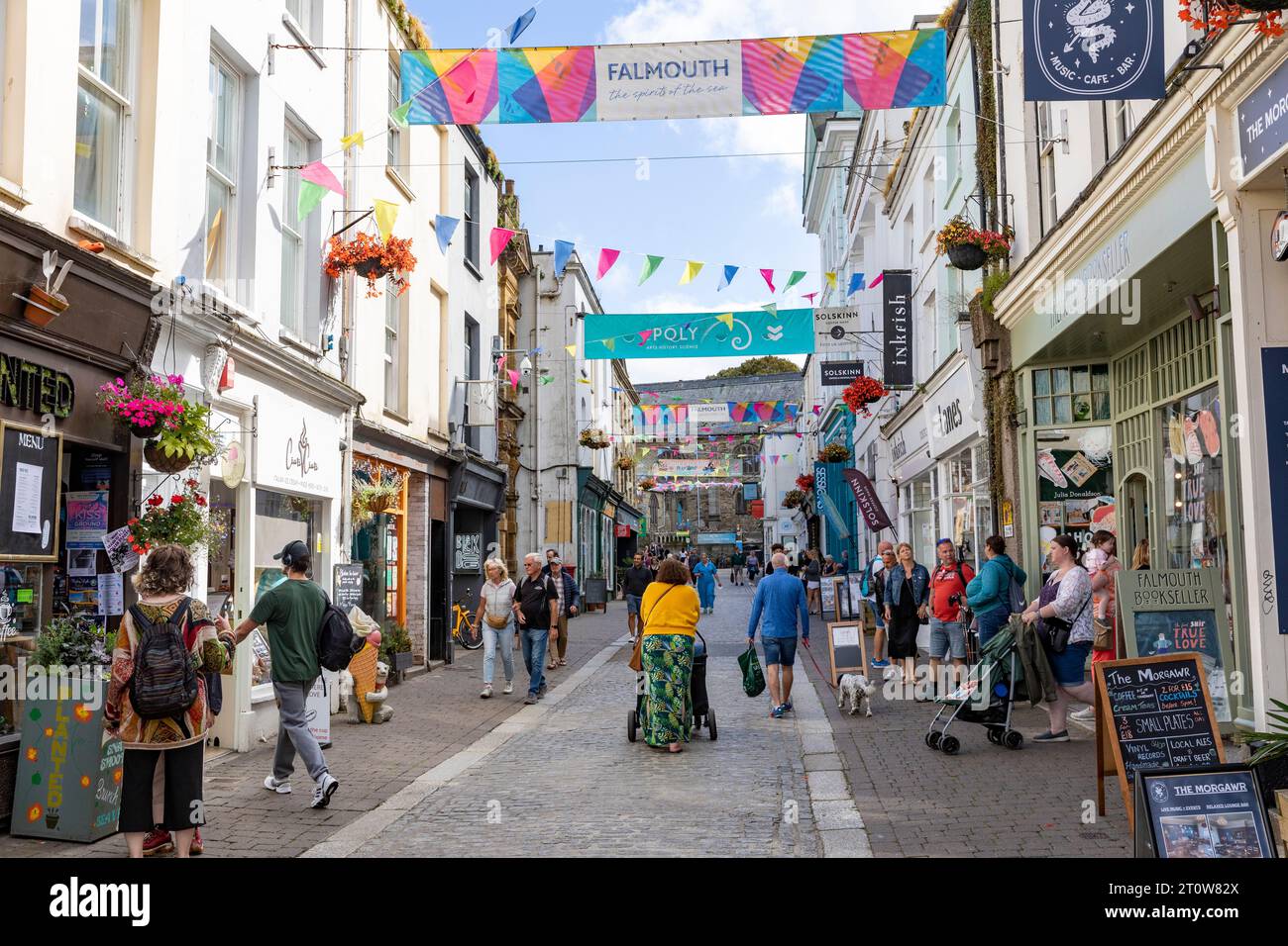 Falmouth Cornwall town centre in September 2023, coloured street ...